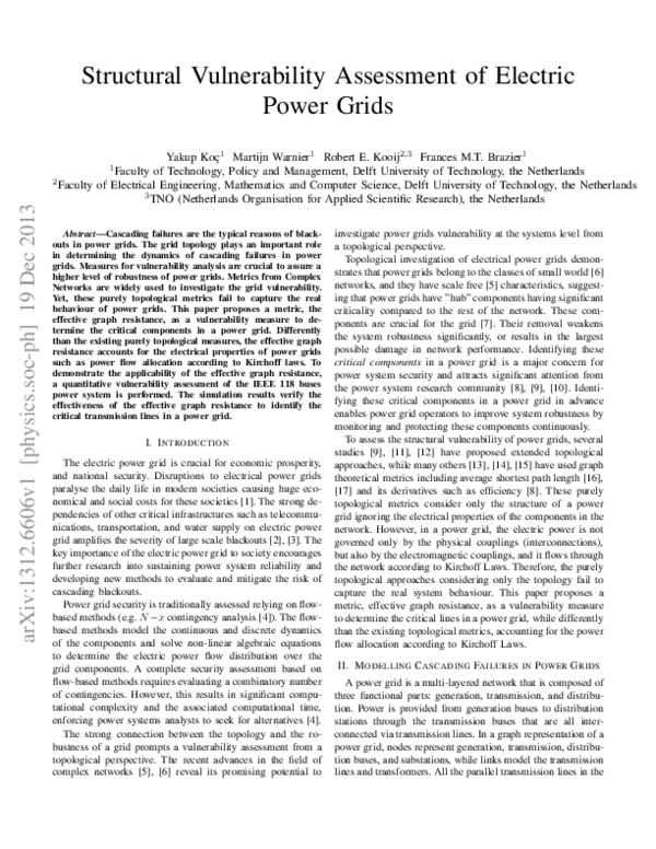 (PDF) Structural vulnerability assessment of electric power grids