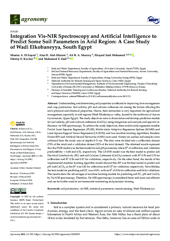 (PDF) Integration Vis-NIR Spectroscopy and Artificial Intelligence to Predict Some Soil ...