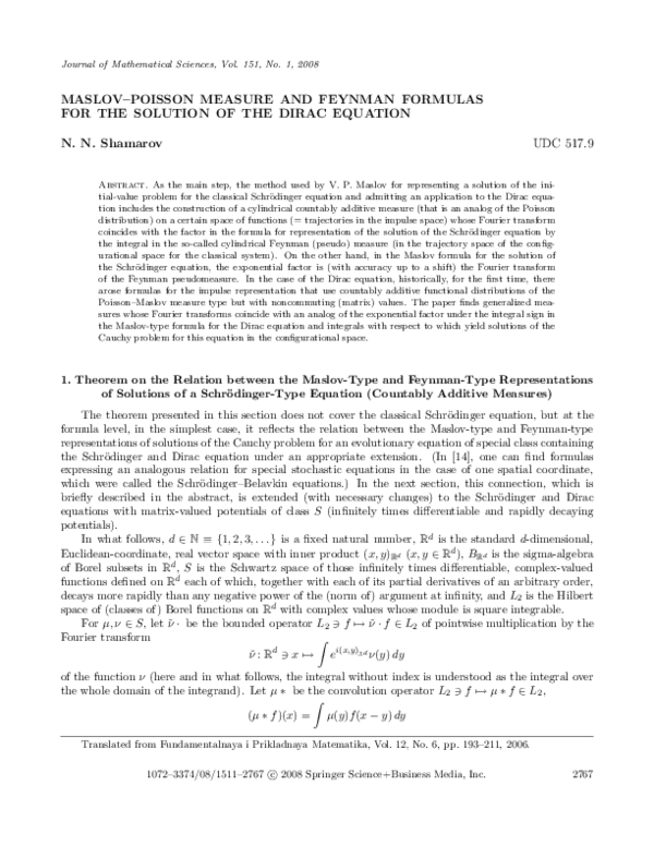 (PDF) Maslov-Poisson measure and Feynman formulas for the solution of the Dirac equation