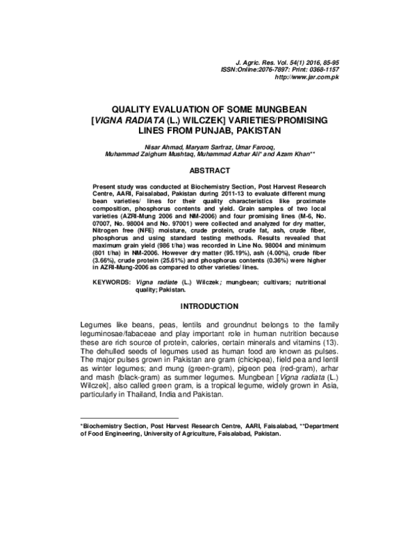 (PDF) Quality evaluation of some mungbean [Vigna radiata (L.) Wilczek ...
