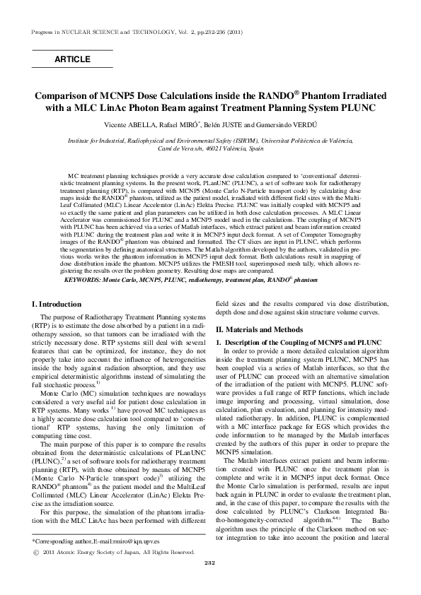 (PDF) Comparison of MCNP5 dose calculations inside the RANDO phantom irradiated with a MLC LinAc ...