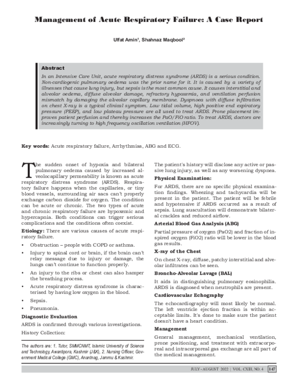 (PDF) Management of Acute Respiratory Failure: A Case Report
