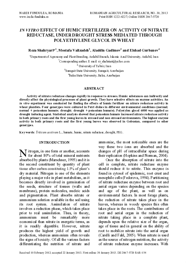 (PDF) In Vitro Effect of Humic Fertilizer on Activity of Nitrate ...