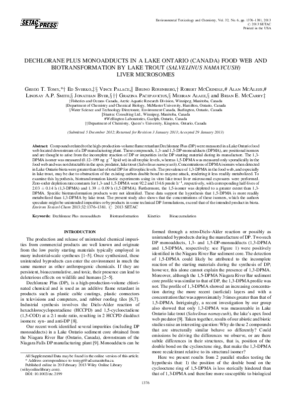 (PDF) Dechlorane plus monoadducts in a lake ontario (Canada) food web ...