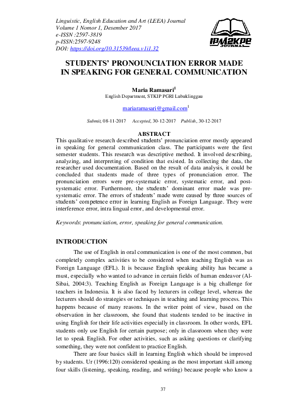(PDF) Students Pronounciation Error Made in Speaking for General ...