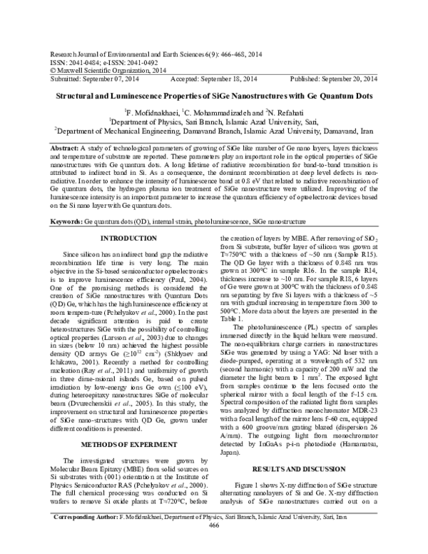 (PDF) Structural and Luminescence Properties of SiGe Nanostructures with Ge Quantum Dots