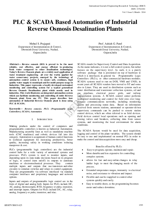 (PDF) PLC & SCADA Based Automation of Industrial Reverse Osmosis ...