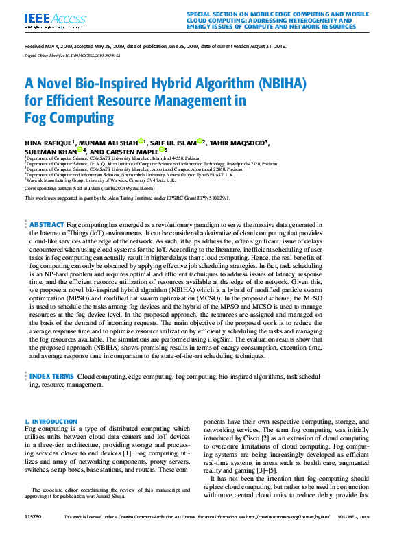 (PDF) Bio-Inspired Hybrid Algorithm for Fog Computing