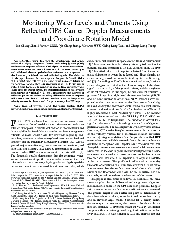 (PDF) Monitoring Water Levels and Currents Using Reflected GPS Carrier Doppler Measurements and ...
