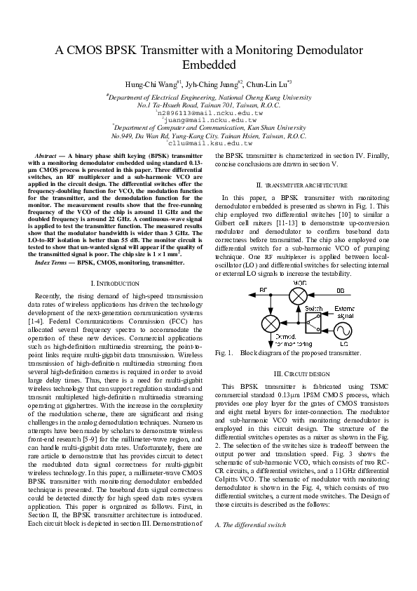(PDF) A CMOS BPSK transmitter with a monitoring demodulator embedded