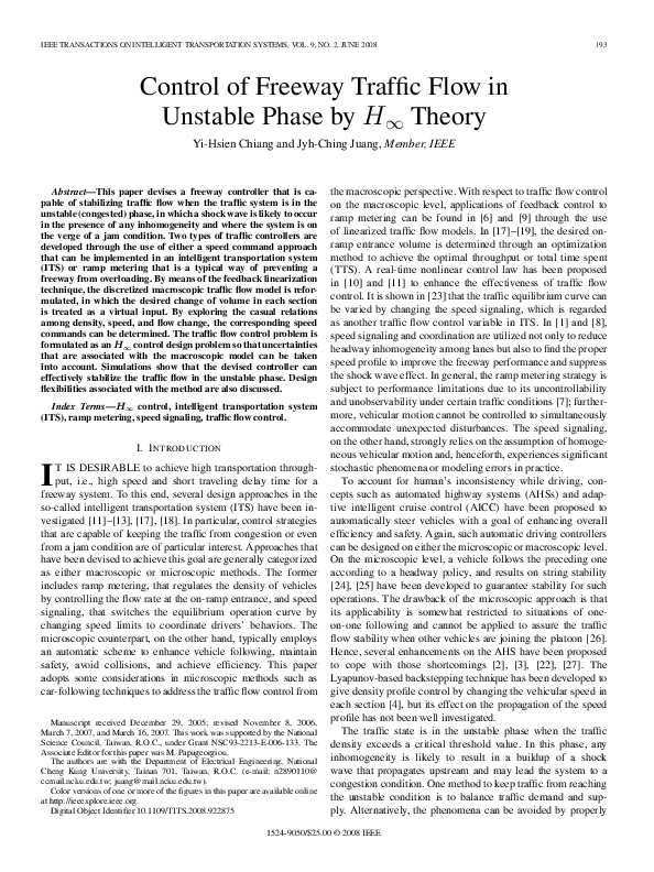 (PDF) Control of Freeway Traffic Flow in Unstable Phase by $H_{\infty}$ Theory