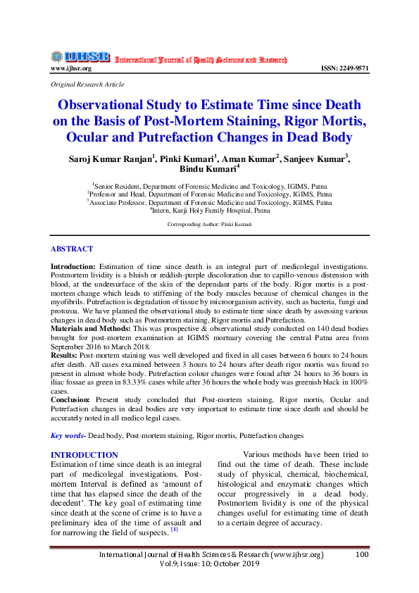 (PDF) Observational Study to Estimate Time since Death on the Basis of Post-Mortem Staining ...