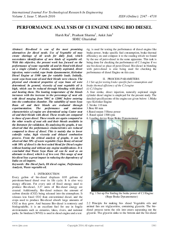 (PDF) Performance Analysis of CI Engine Using Bio Diesel