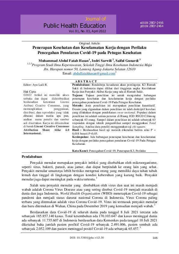 (PDF) Penerapan Kesehatan dan Keselamatan Kerja dengan Perilaku Pencegahan Penularan Covid 19 ...