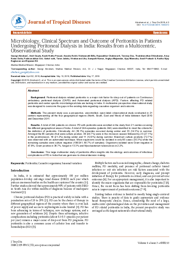 (PDF) Microbiology, Clinical Spectrum and Outcome of Peritonitis in ...