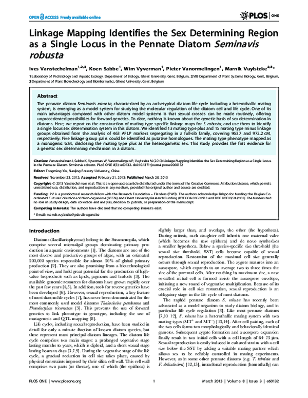 (PDF) Linkage Mapping Identifies the Sex Determining Region as a Single Locus in the Pennate ...