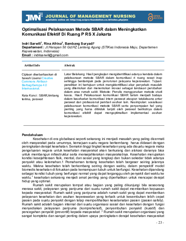 (PDF) Optimalisasi Pelaksanaan Metode SBAR dalam Meningkatkan ...
