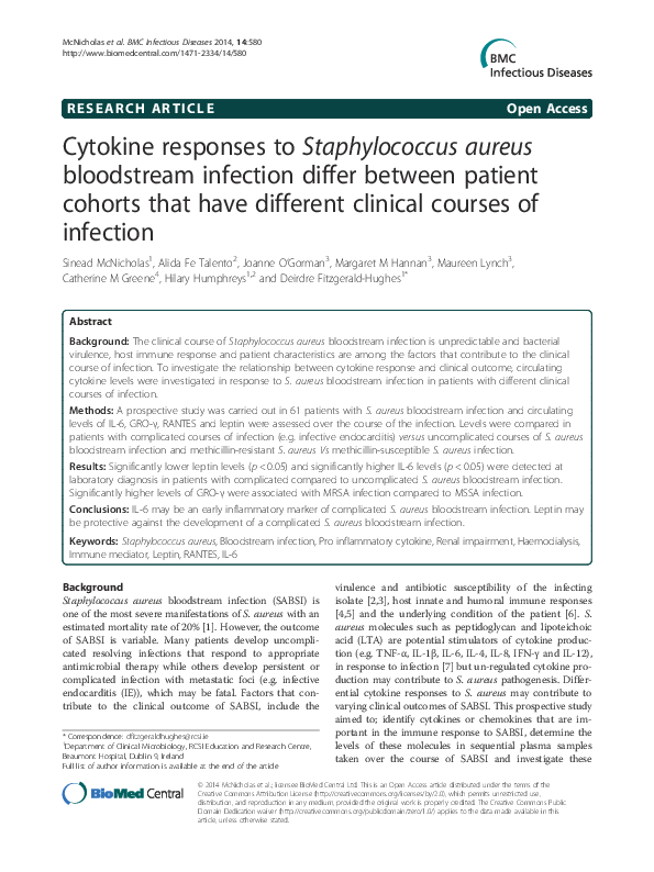 (PDF) Cytokine responses to Staphylococcus aureusbloodstream infection differ between patient ...