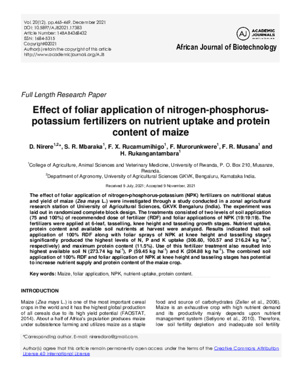 (PDF) Effect of foliar application of nitrogen-phosphorus-potassium fertilizers on nutrient ...