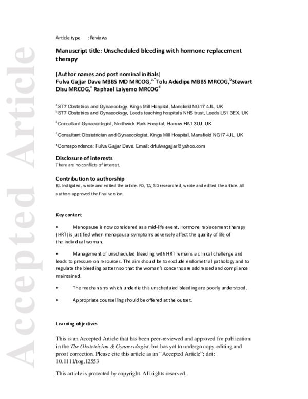 (PDF) Unscheduled bleeding with hormone replacement therapy