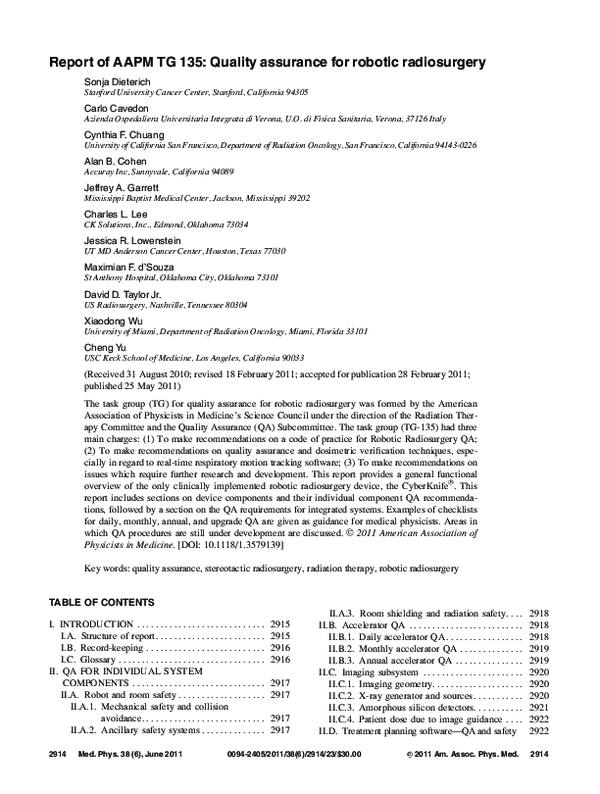 (PDF) Report of AAPM TG 135: Quality assurance for robotic radiosurgery