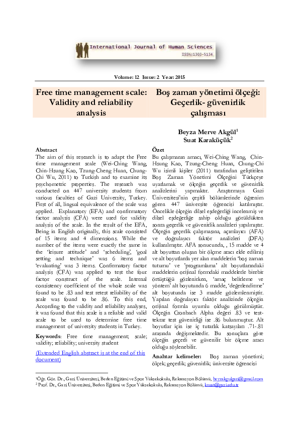 (PDF) Free time management scale: Validity and reliability analysisBoş ...