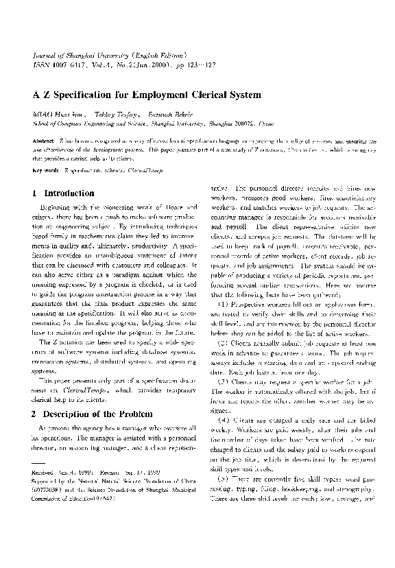 (PDF) A Z specification for employment clerical system
