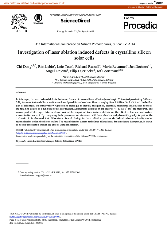 (PDF) Investigation of Laser Ablation Induced Defects in Crystalline ...