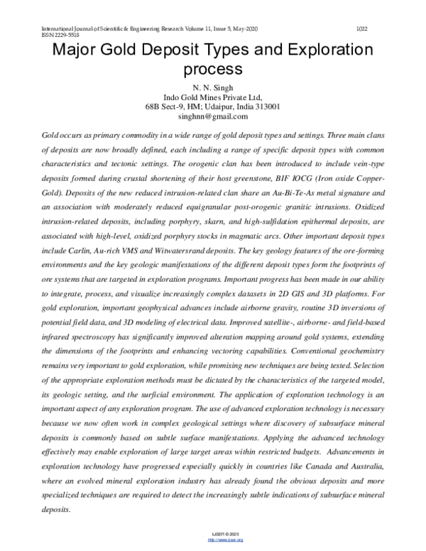 (PDF) Major Gold Deposit Types and Exploration process | N.N. Singh ...