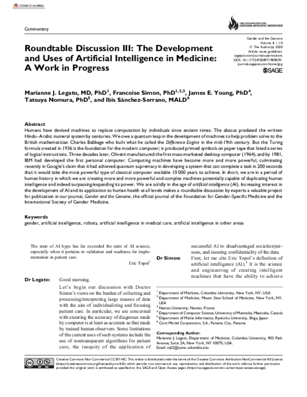 (PDF) Roundtable Discussion III: The Development and Uses of Artificial Intelligence in Medicine ...