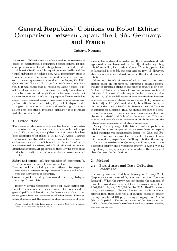 (PDF) General Republics ’ Opinions on Robot Ethics : Comparison between ...