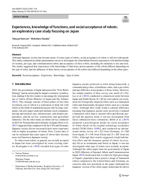 (PDF) Experiences, knowledge of functions, and social acceptance of robots: an exploratory case ...