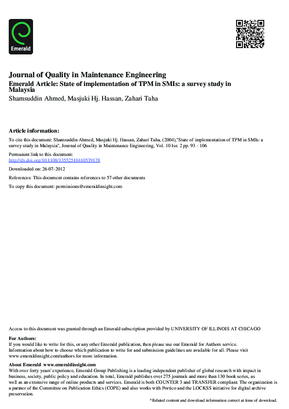 (PDF) State of implementation of TPM in SMIs: a survey study in Malaysia