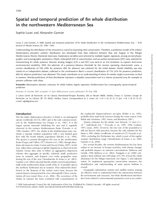 (PDF) Spatial and temporal prediction of fin whale distribution in the ...