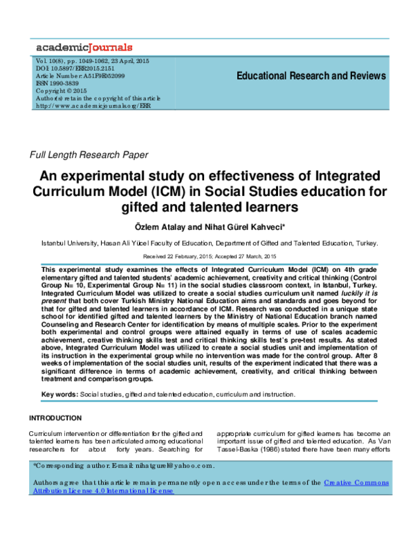 (PDF) An experimental study on effectiveness of Integrated Curriculum ...