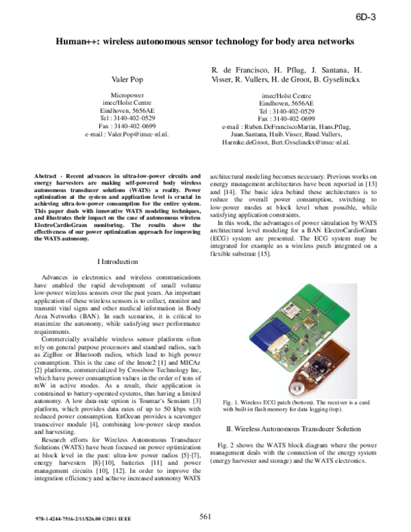 Pdf Human Wireless Autonomous Sensor Technology For Body Area Networks