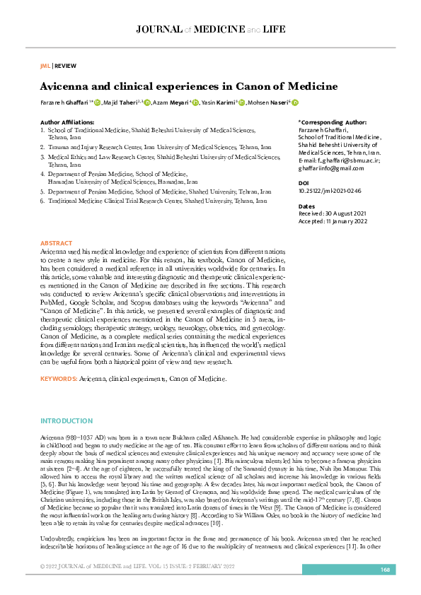 (PDF) Avicenna and clinical experiences in Canon of Medicine