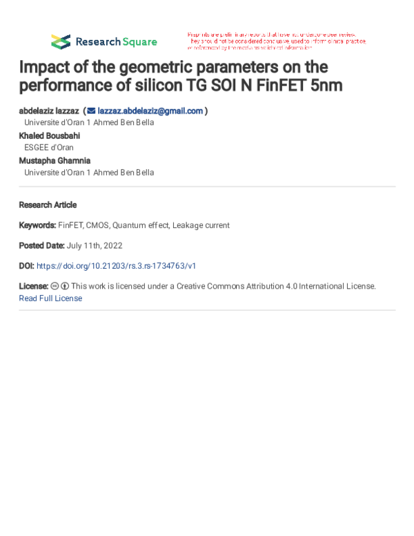 (PDF) Impact of the geometric parameters on the performance of silicon TG SOI N FinFET 5nm