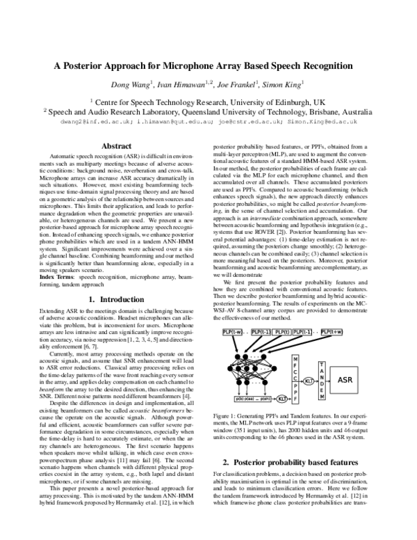 Pdf A Posterior Approach For Microphone Array Based Speech Recognition