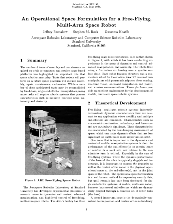 Pdf An Operational Space Formulation For A Free Flying Multi Arm Space Robot