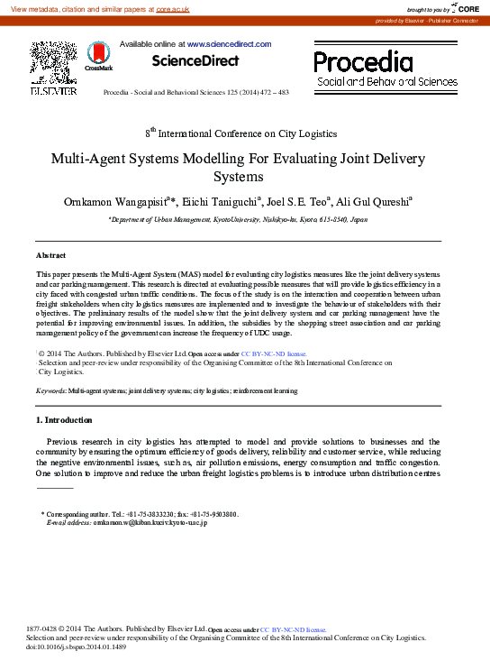 (PDF) Multi-agent Systems Modelling for Evaluating Joint Delivery Systems