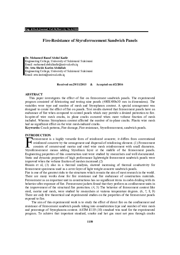(PDF) Fire-Resistance of Styroferrocement Sandwich Panels