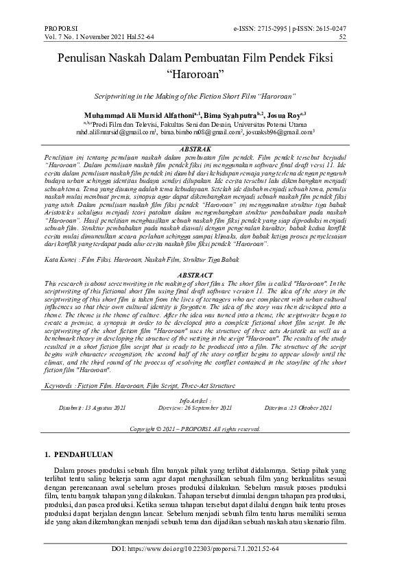 (PDF) Penulisan Naskah Dalam Pembuatan Film Pendek Fiksi “Haroroan”