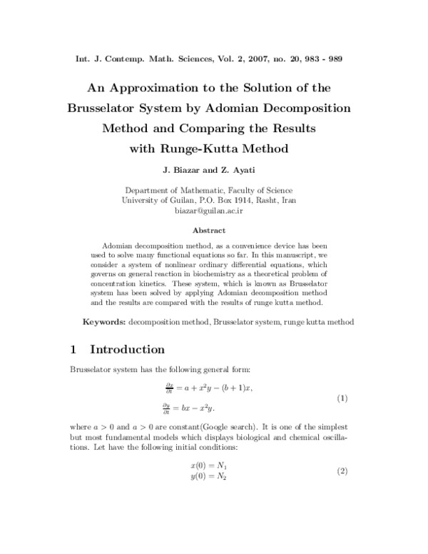 (PDF) Adomian Decomposition and Runge-Kutta for Brusselator System