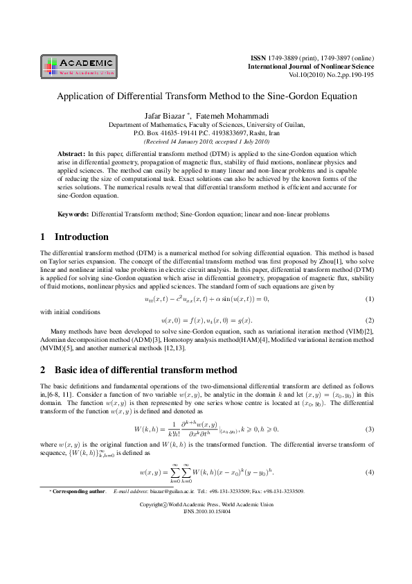 Pdf Application Of Differential Transform Method To The Sine Gordon Equation