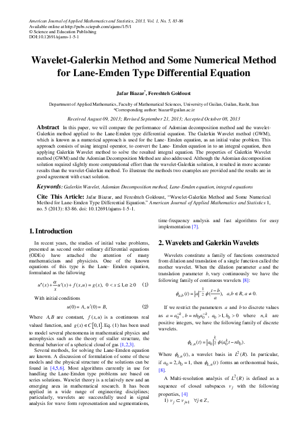 (PDF) Wavelet-Galerkin Method and Some Numerical Method for Lane-Emden Type Differential Equation