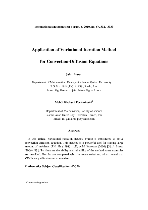 Pdf Application Of Variational Iteration Method For Convection Diffusion Equations Jafar