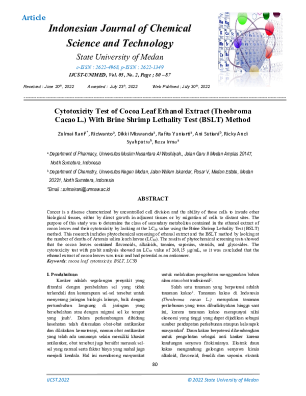 (PDF) Cytotoxicity Test of Cocoa Leaf Ethanol Extract (Theobroma Cacao ...