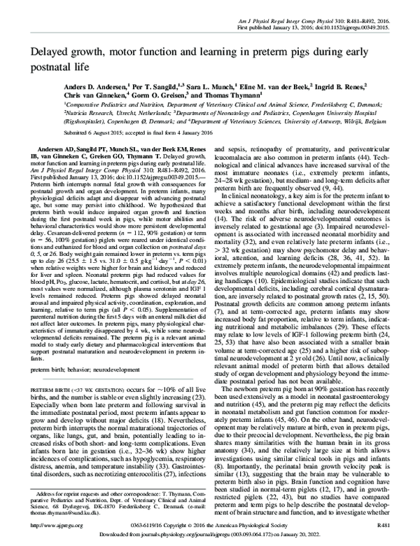 (PDF) Delayed growth, motor function and learning in preterm pigs ...