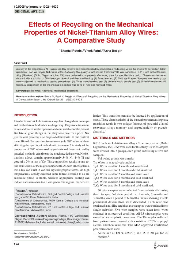 (PDF) Effects of Recycling on the Mechanical Properties of Nickel-Titanium Alloy Wires: A ...